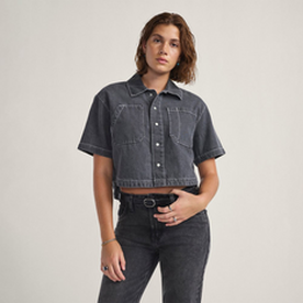 Camisa Ss Natalie Denim Boxy Button Up Grey Wash | ZZ MALL