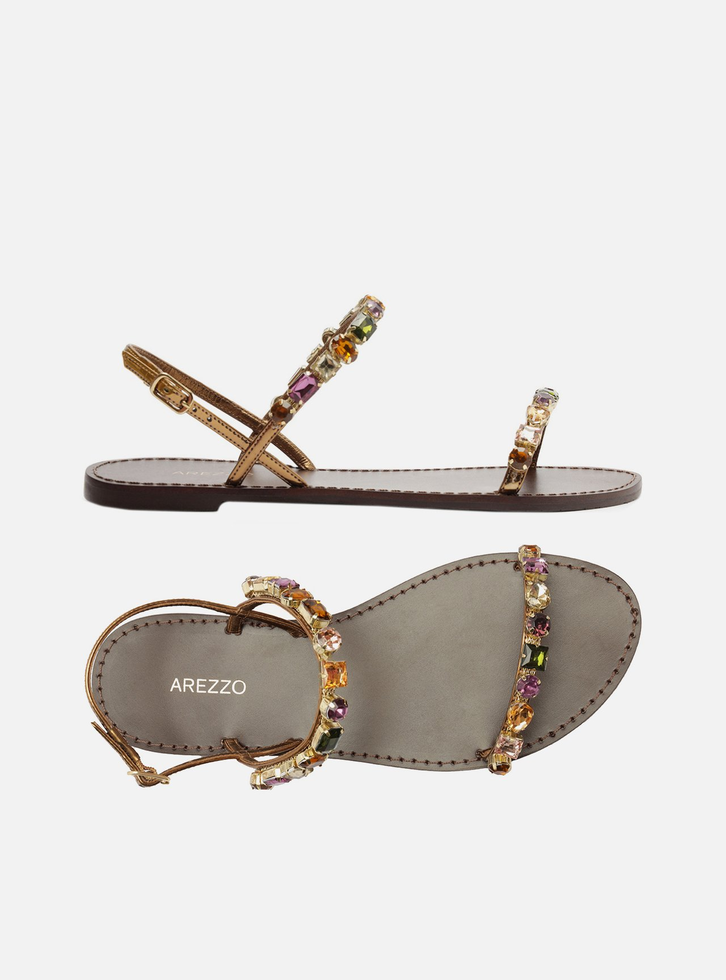 Sandália Rasteira Bronze Arezzo Tiras Pedrarias | ZZ MALL