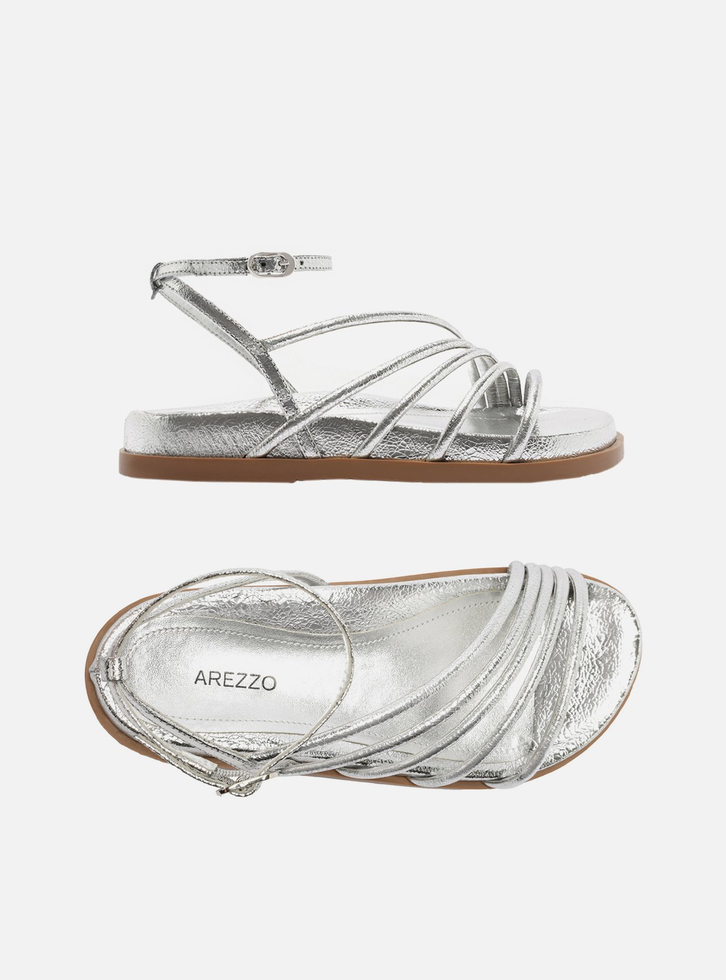 Sandália Rasteira Prateada Arezzo Couro Tiras Diagonais | ZZ MALL