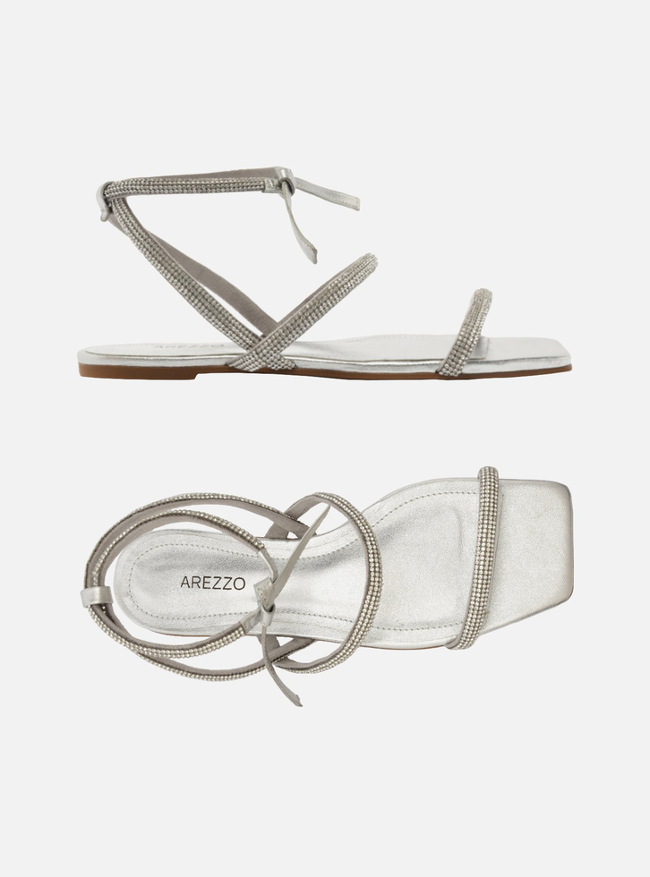 Rasteira Prateada Arezzo Couro Strass Amarração | ZZ MALL