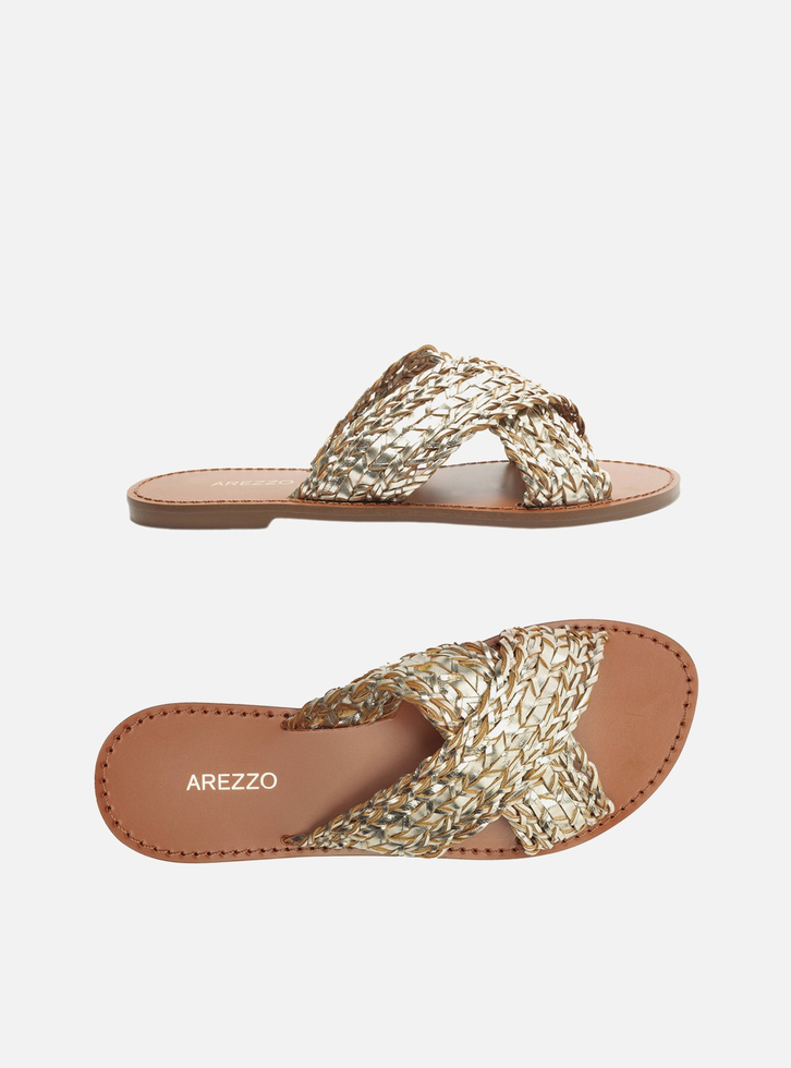 Rasteira Dourada Arezzo Tiras Largas Trançadas | ZZ MALL