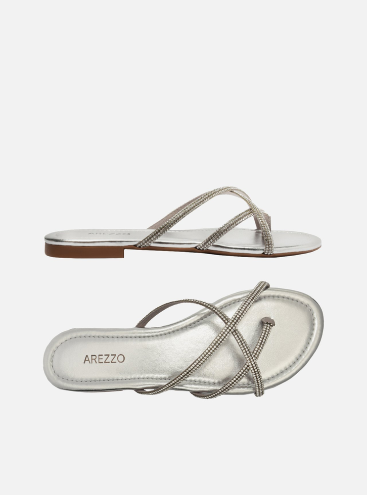 Rasteira Prateada Arezzo Tiras Cruzadas Strass | ZZ MALL